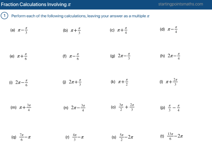Fraction Calculations Involving Pi – Starting Points Maths