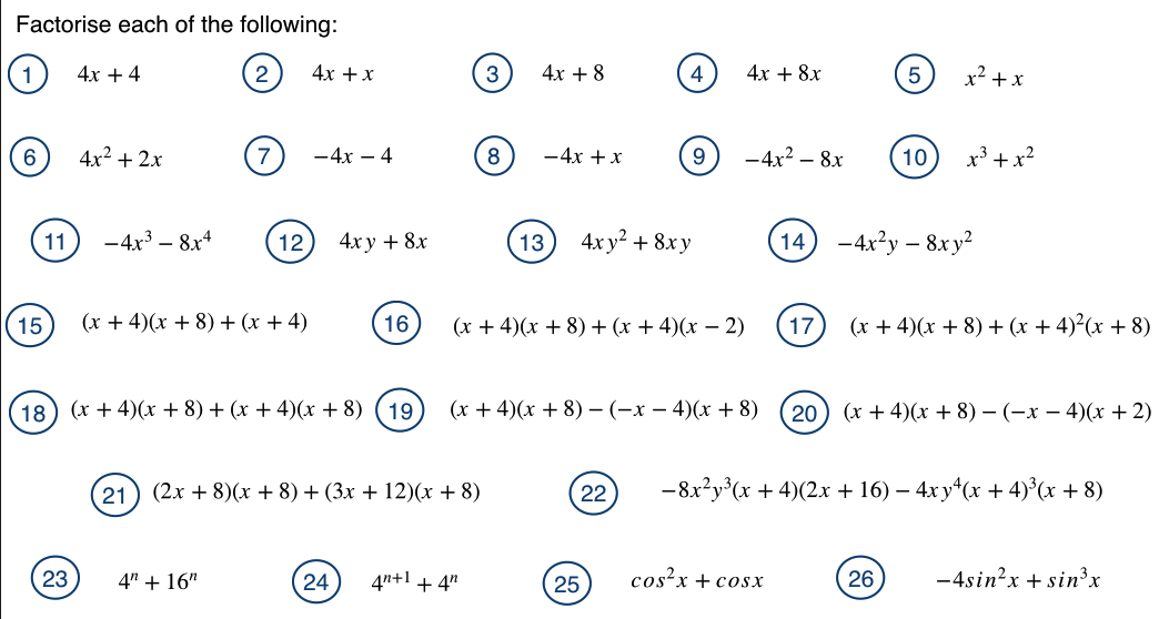 Increasingly Difficult Common Factors – Starting Points Maths
