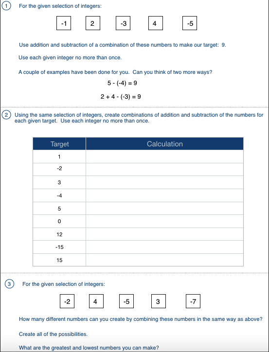Integer Targets – Starting Points Maths