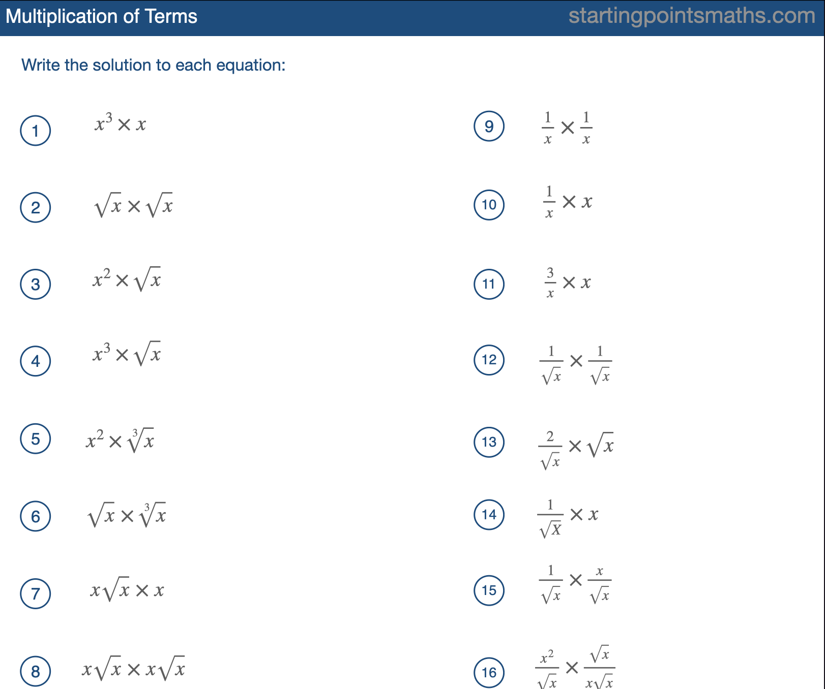 Multiplication of Terms – Starting Points Maths
